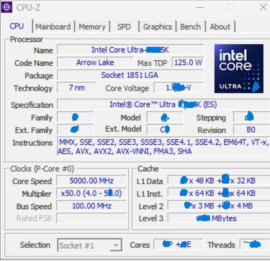 Screen Shot CPU Z Intel Core Ultra 9 285K Screen Shot CPU Z Intel Core Ultra 9 285K