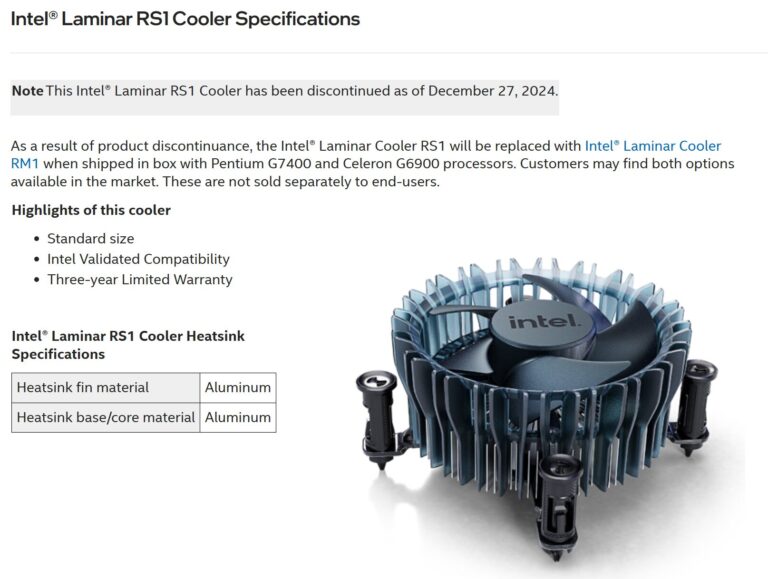 Intel เลิกทำตลาดฮีทซิงค์ Laminar RS1